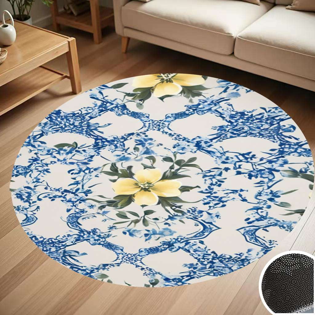 Blue Floral Diamond Tiles Round Carpet Living Room Bedroom Home ...