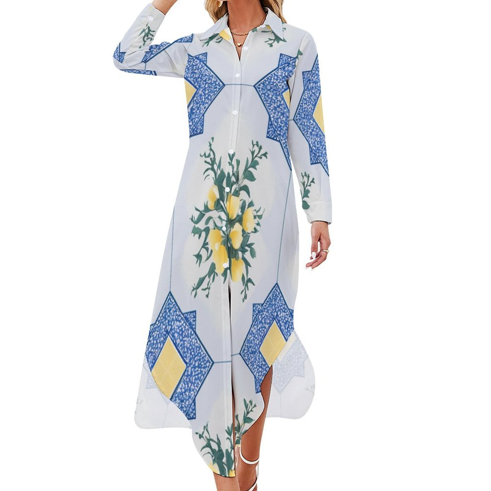 Blue Floral Diamond Tiles Shirt Dress Long Sleeve Street Fashion V Neck ...