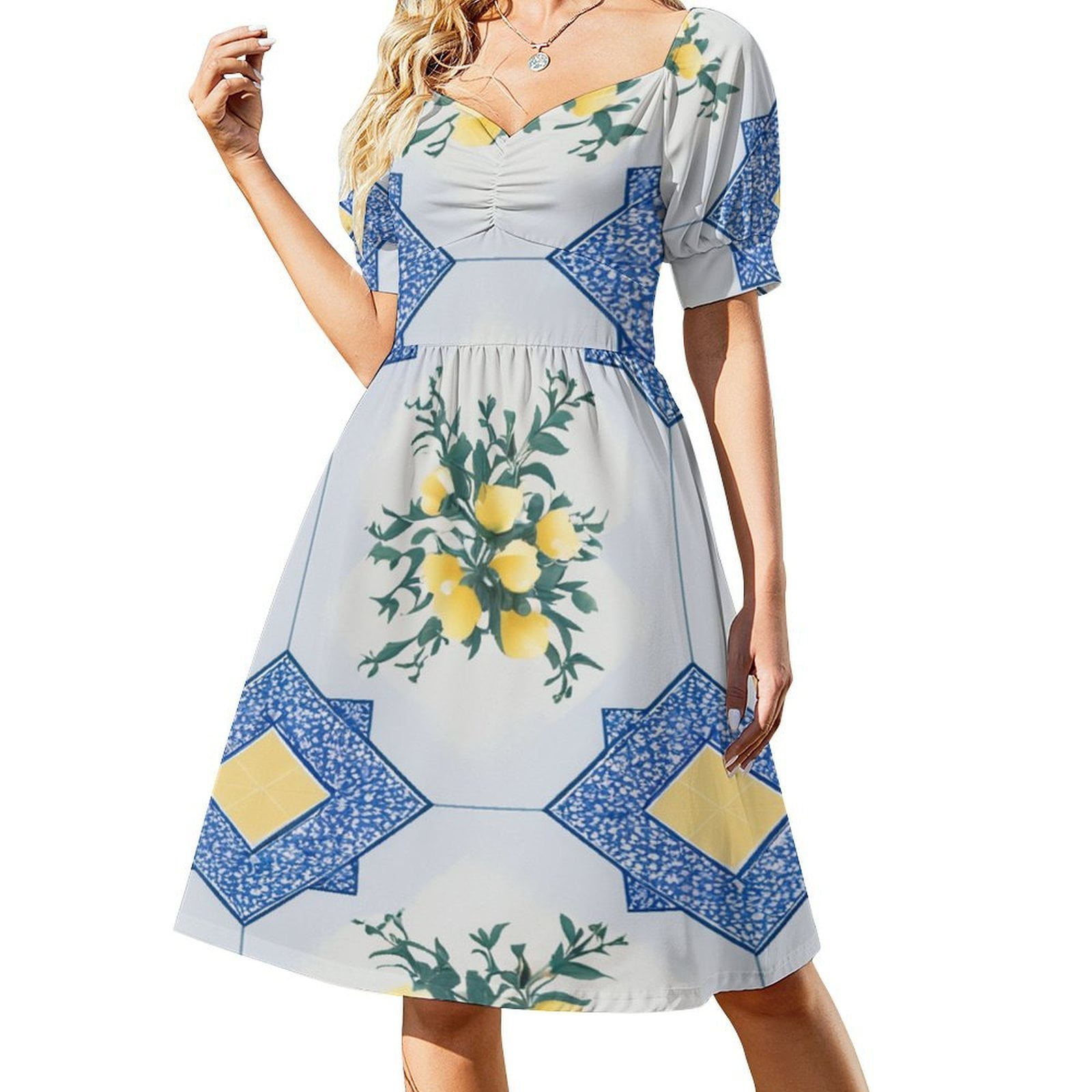 Blue Floral Diamond Tiles Short Sleeve Dress Clothes Women's Summer ...