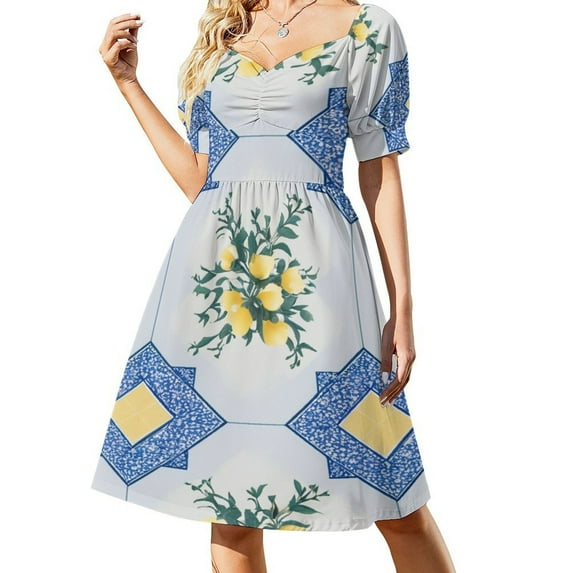 Blue Floral Diamond Tiles Short Sleeve Dress Clothes Women's Summer ...