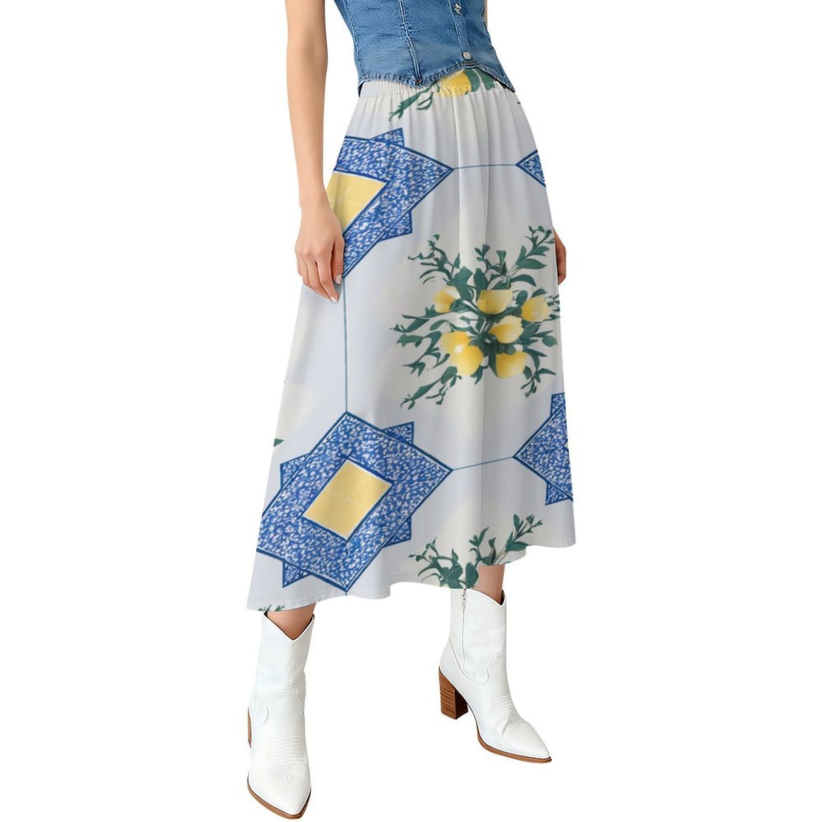 Blue Floral Diamond Tiles Women High Waist Midi Skirt Elegant Midi ...