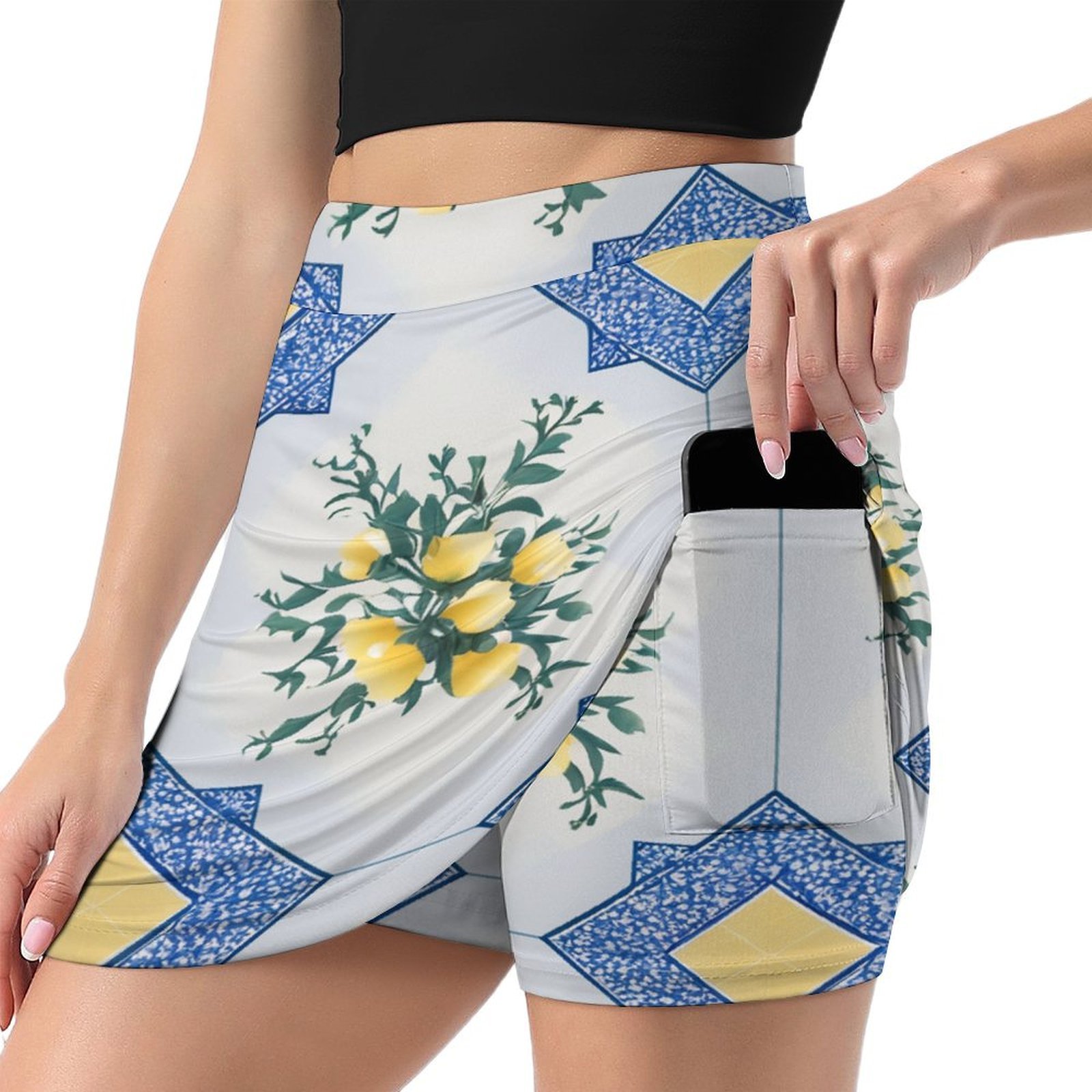 Blue Floral Diamond Tiles Women's Shorts Non-Slip Single Pocket A-line ...