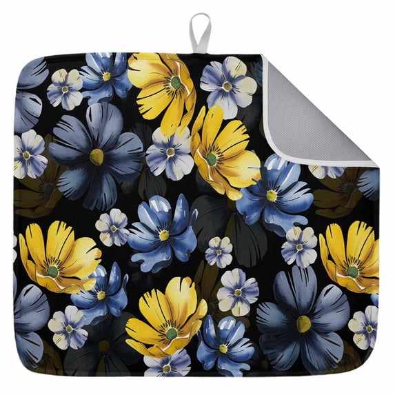 Blue Floral Dish Drying Mat for Kitchen Counter,Vintage Yellow Garden ...