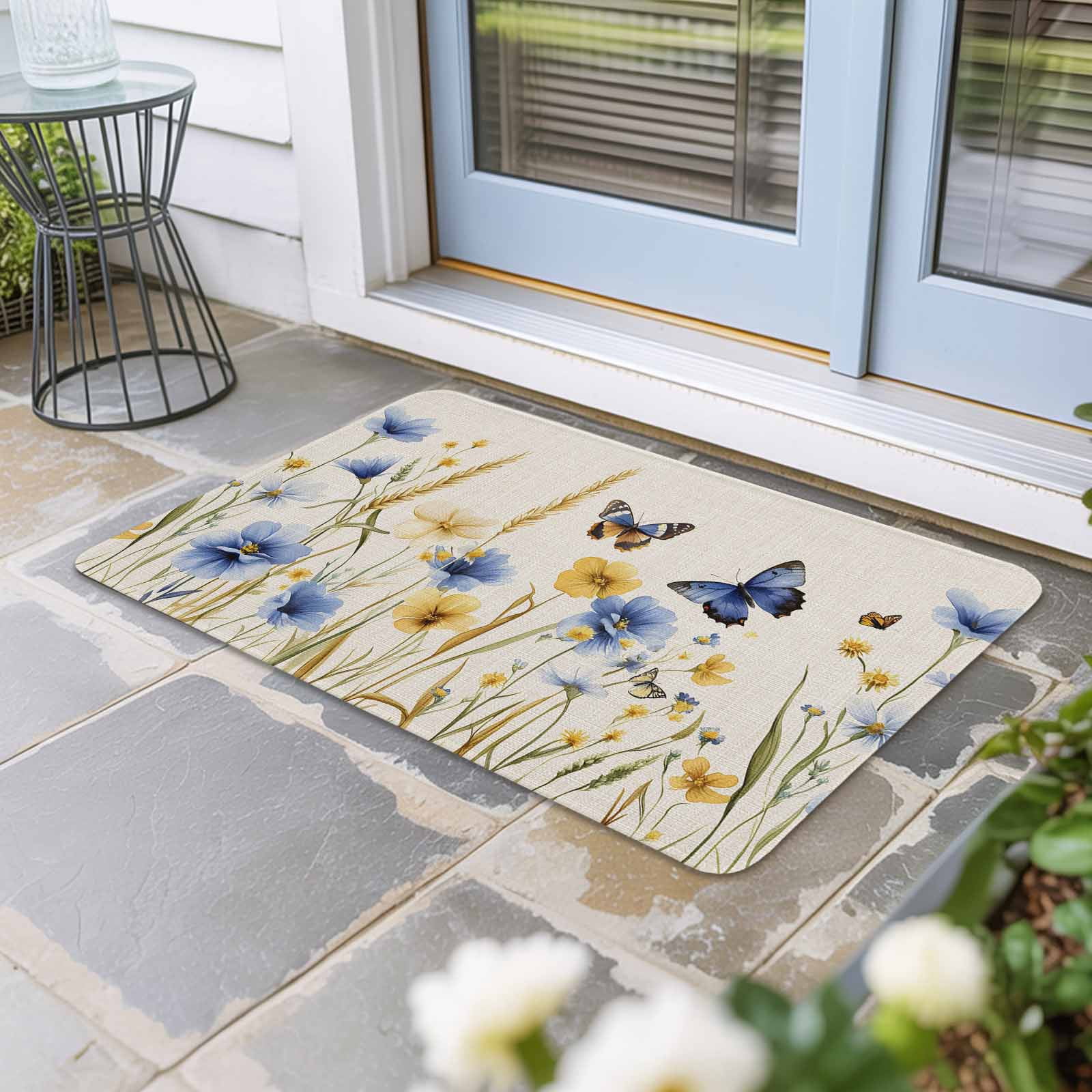 Blue Floral Door Mat Indoor Outdoor, Yellow Flower Butterflies Country ...