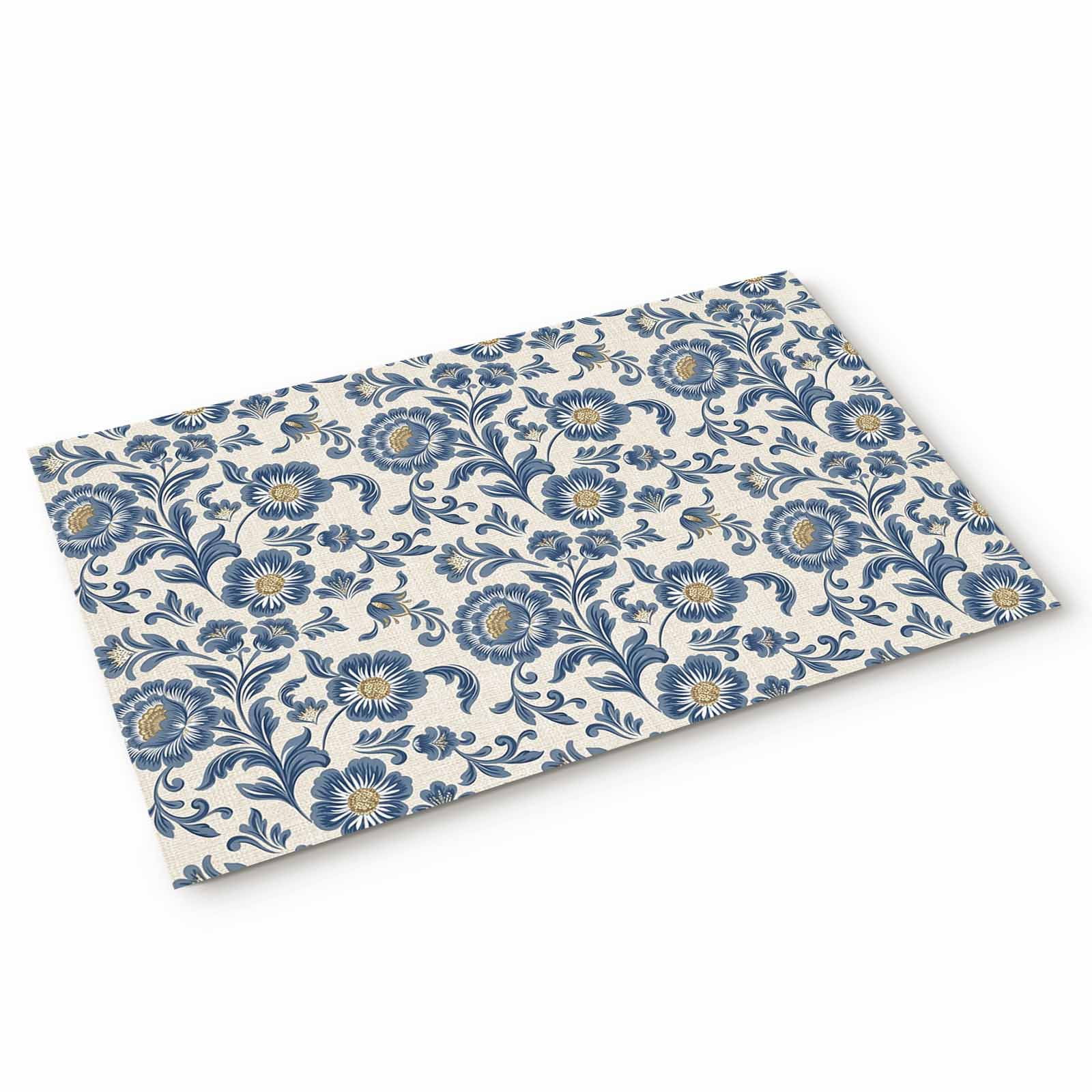Blue Floral Door Mat Oriental Traditional Ethnic Flower Texture Linen ...