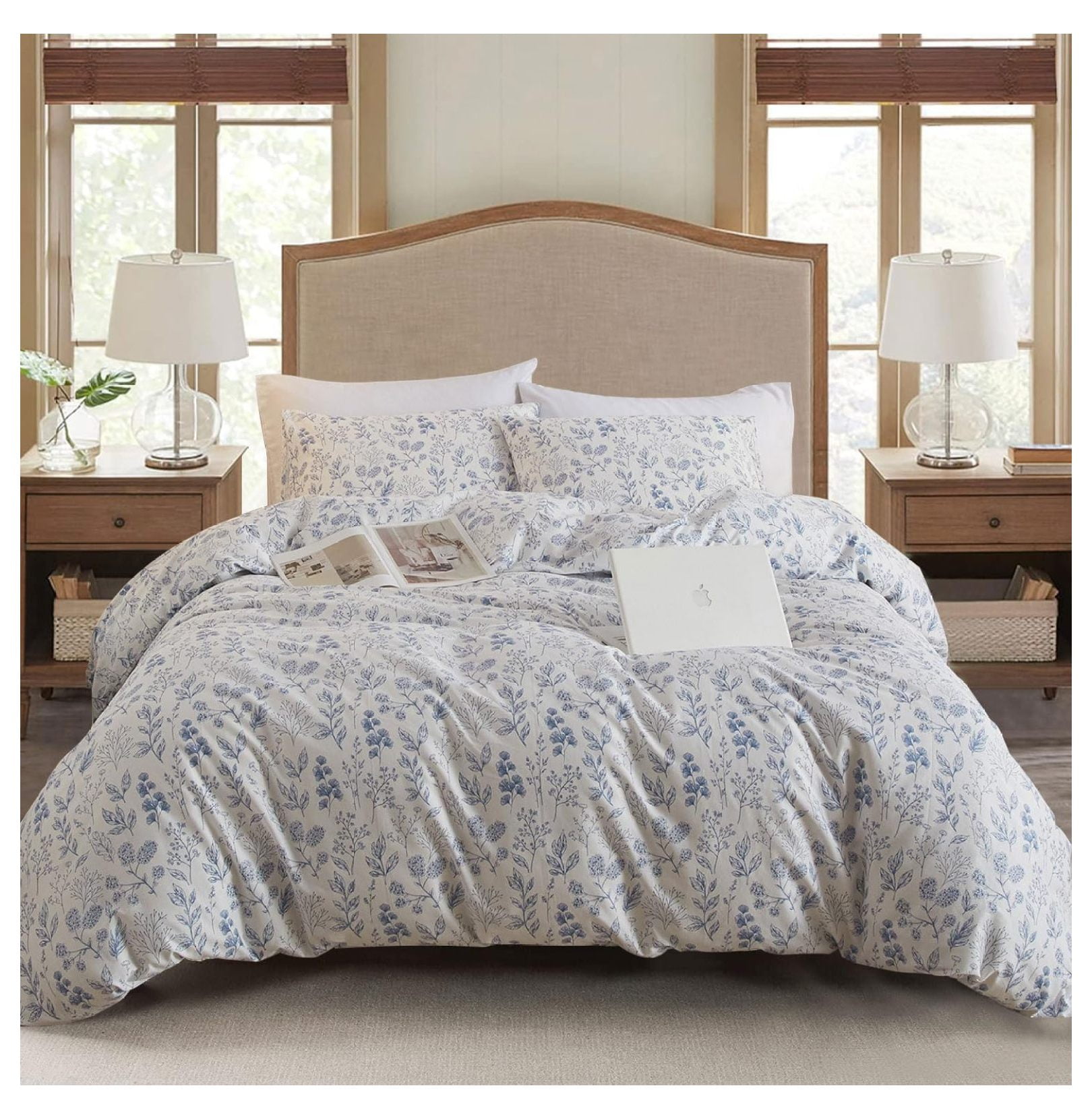 Blue Floral Duvet Cover Queen Soft 100% Cotton Garden Floral Aesthetic Bedding Set with 2 ...