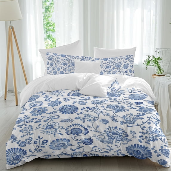 Blue Floral Duvet Cover Set Full Size, Vintage Flower Traditional ...