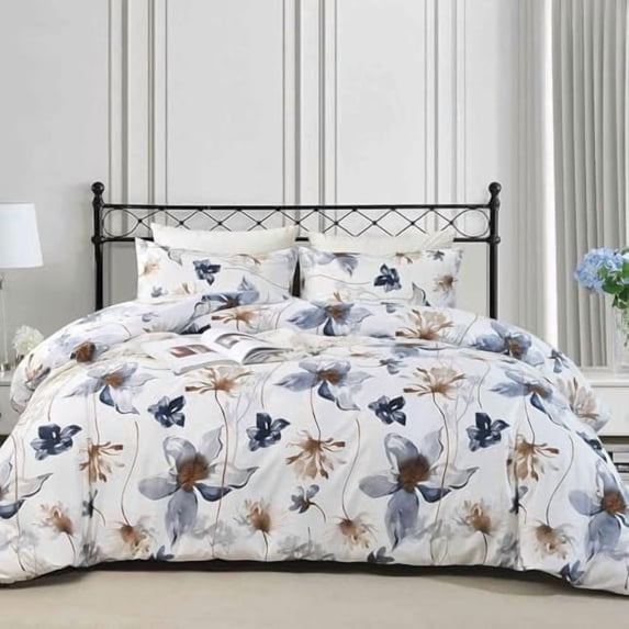 Blue Floral Duvet Cover Set King Size, Beige Tan Flower Leaf Print ...
