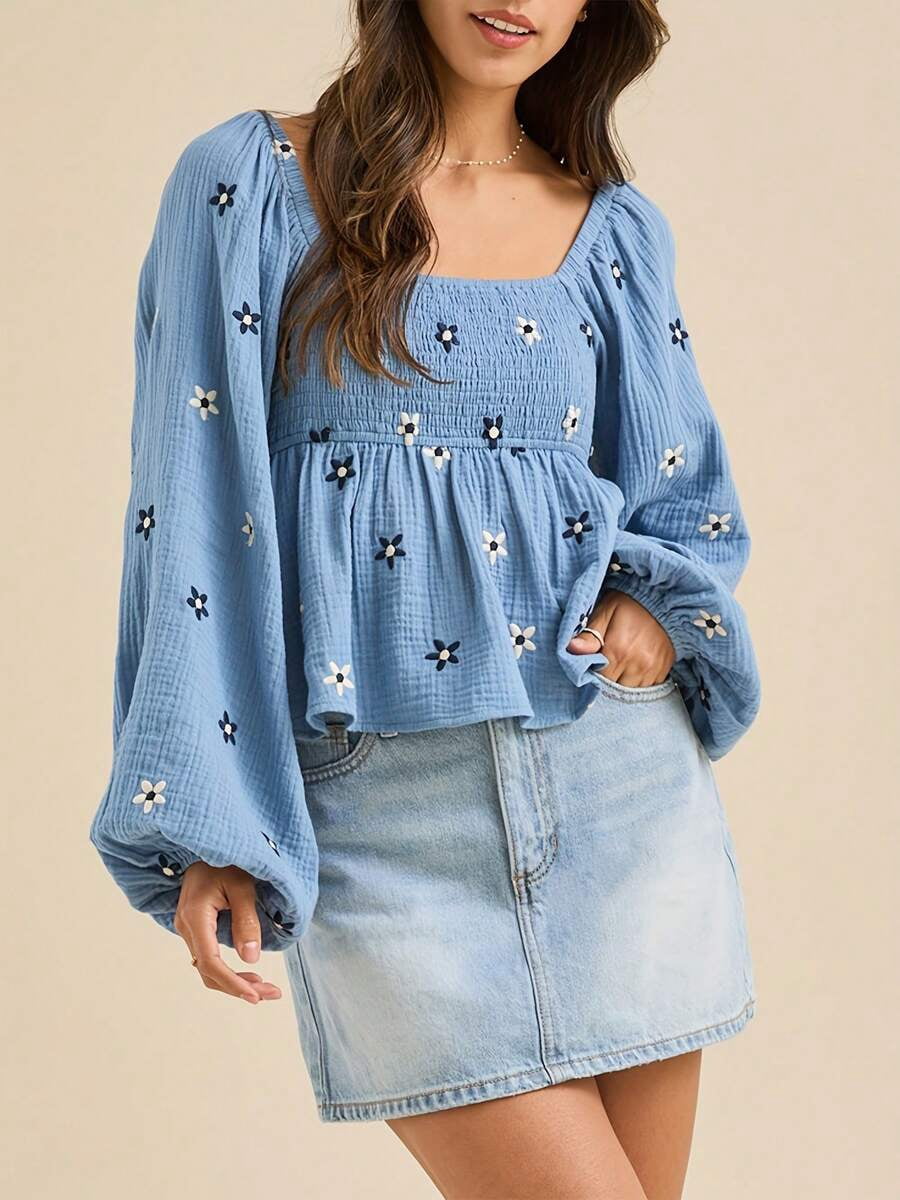 Blue Floral Embroidered Blouse Long Balloon Sleeve Smocked Square Neck ...