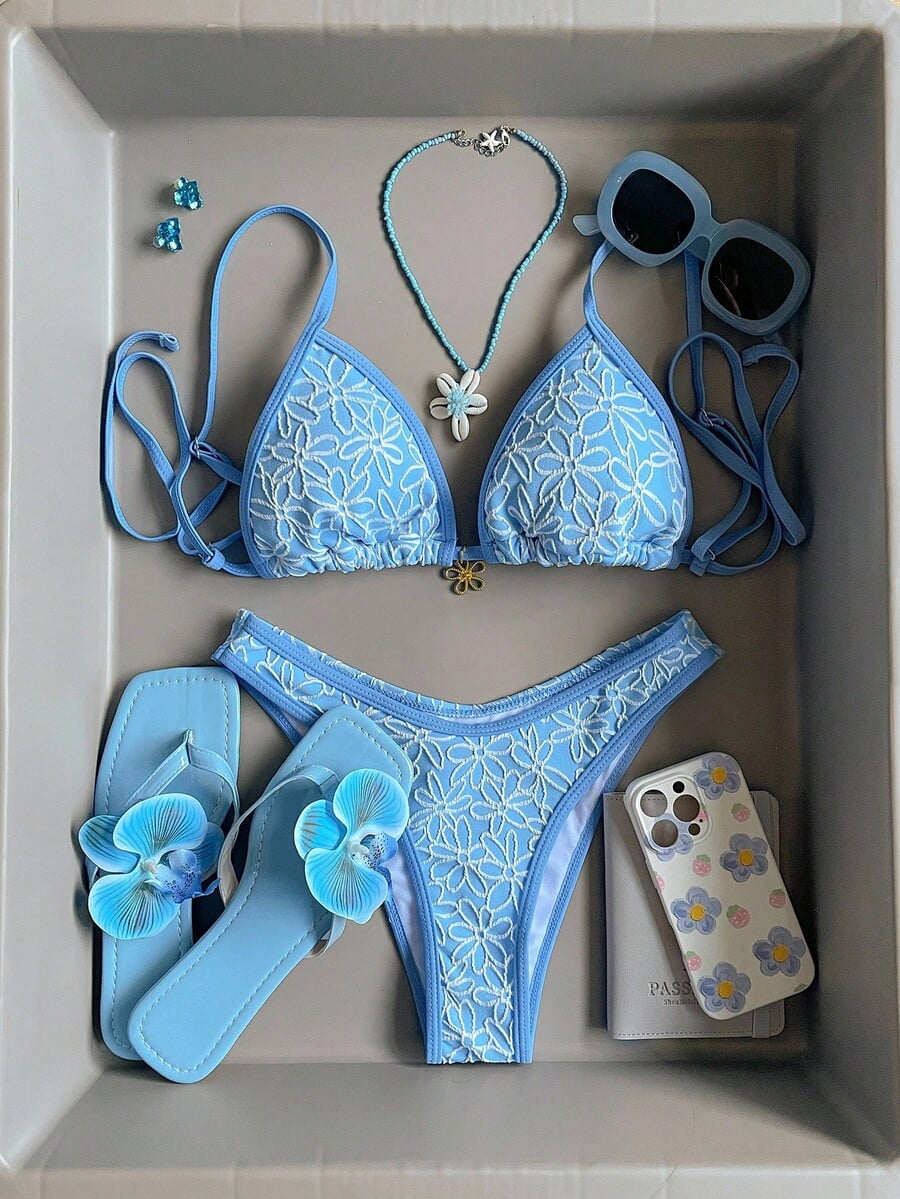 Blue Floral Embroidered Spaghetti Strap Bikini Set With High Cut ...