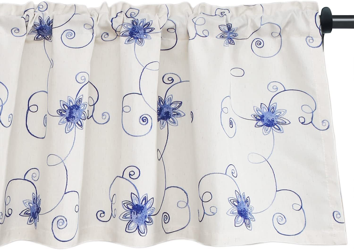 VOGOL Blue Floral Embroidered Valances, Rod Pocket Light Filtering for ...