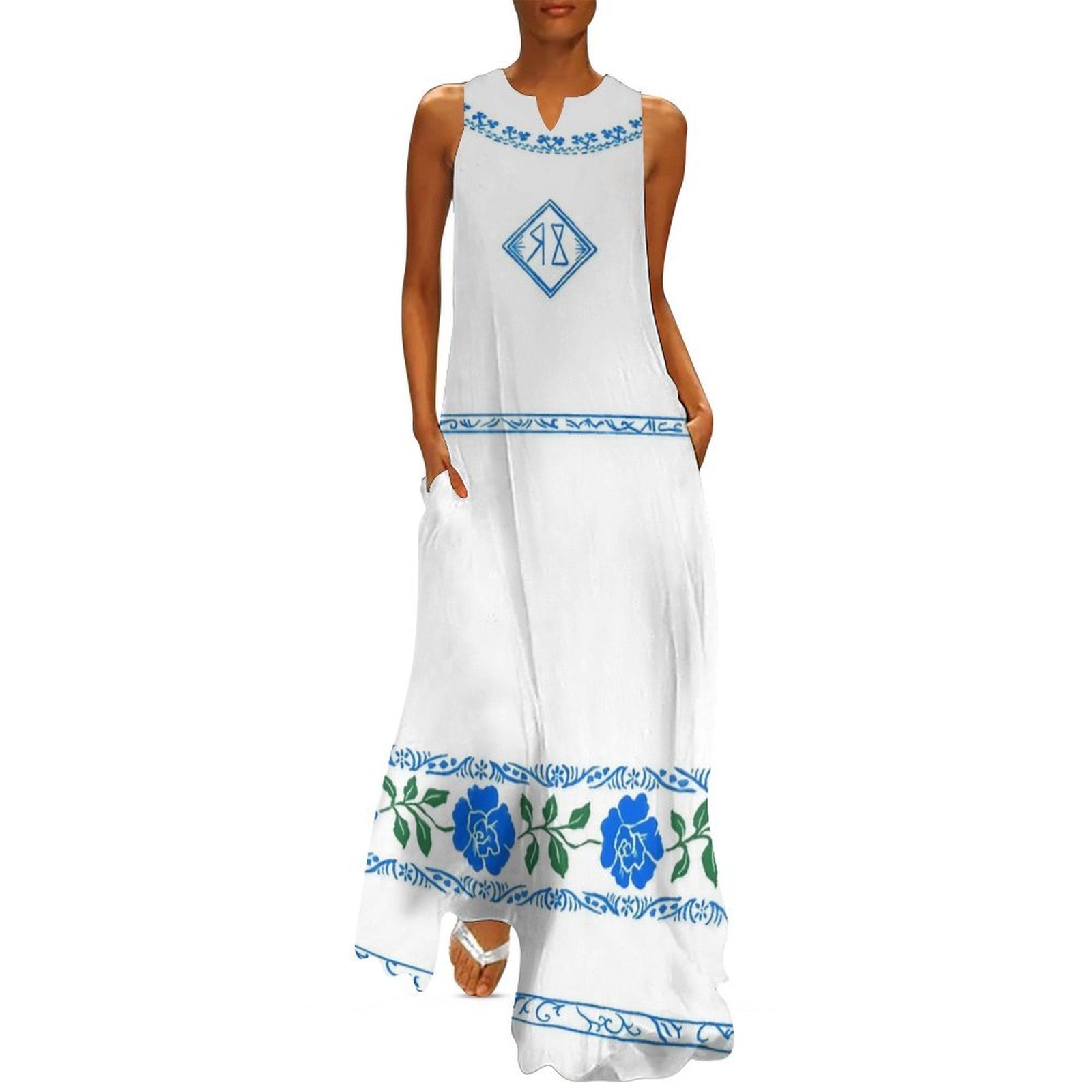 Blue Floral Embroidery Design Long Dress Women's summer dress women's ...