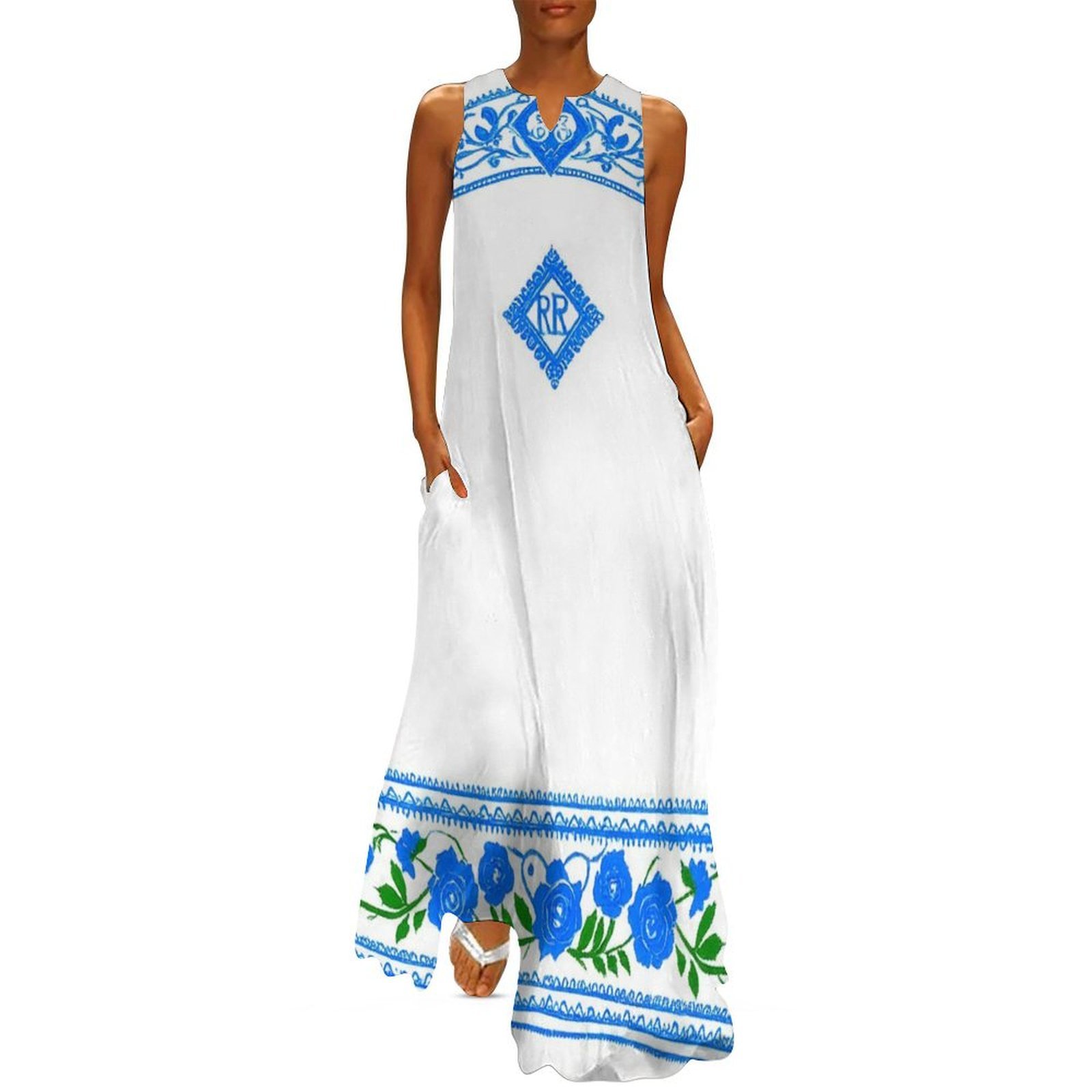 Blue Floral Embroidery Design Long Dress Women's summer dress women's ...