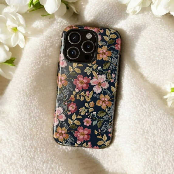 Blue Floral Embroidery Phone Case Compatible with iPhone 11 to 16 Pro ...
