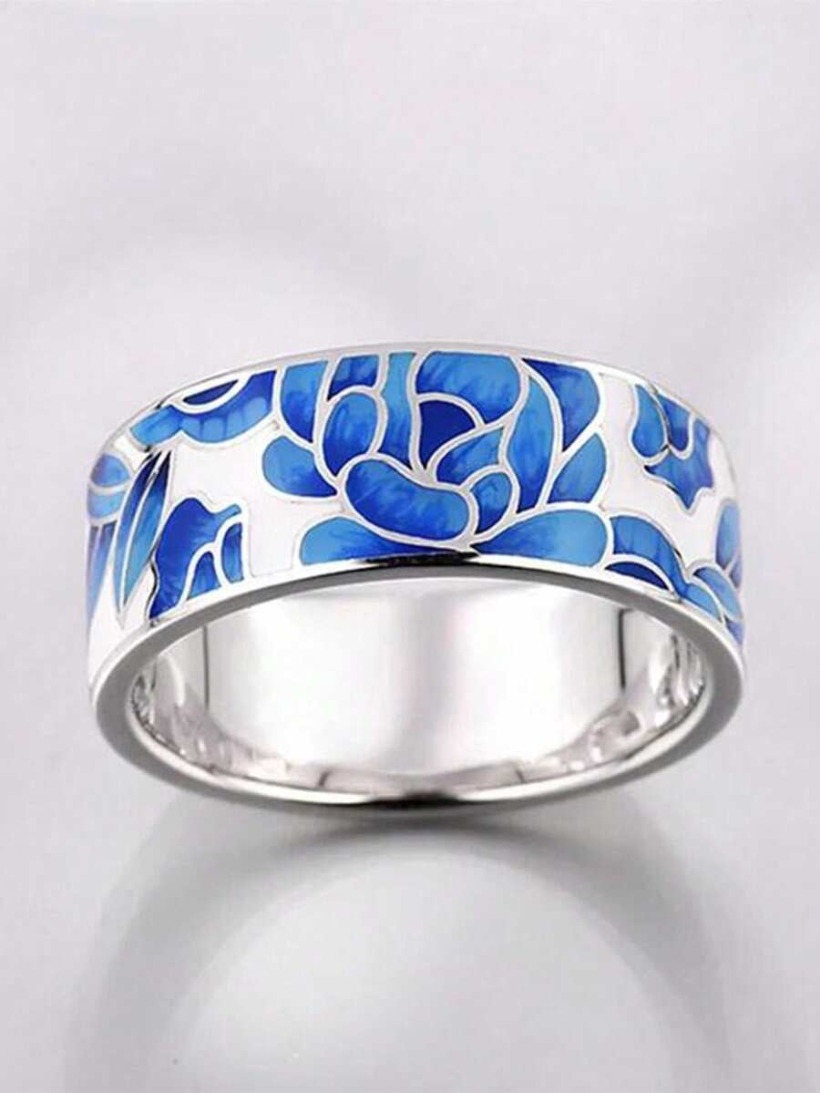 Blue Floral Enamel Ring In Silvertone Metal, Color Variant 9, Elegant ...