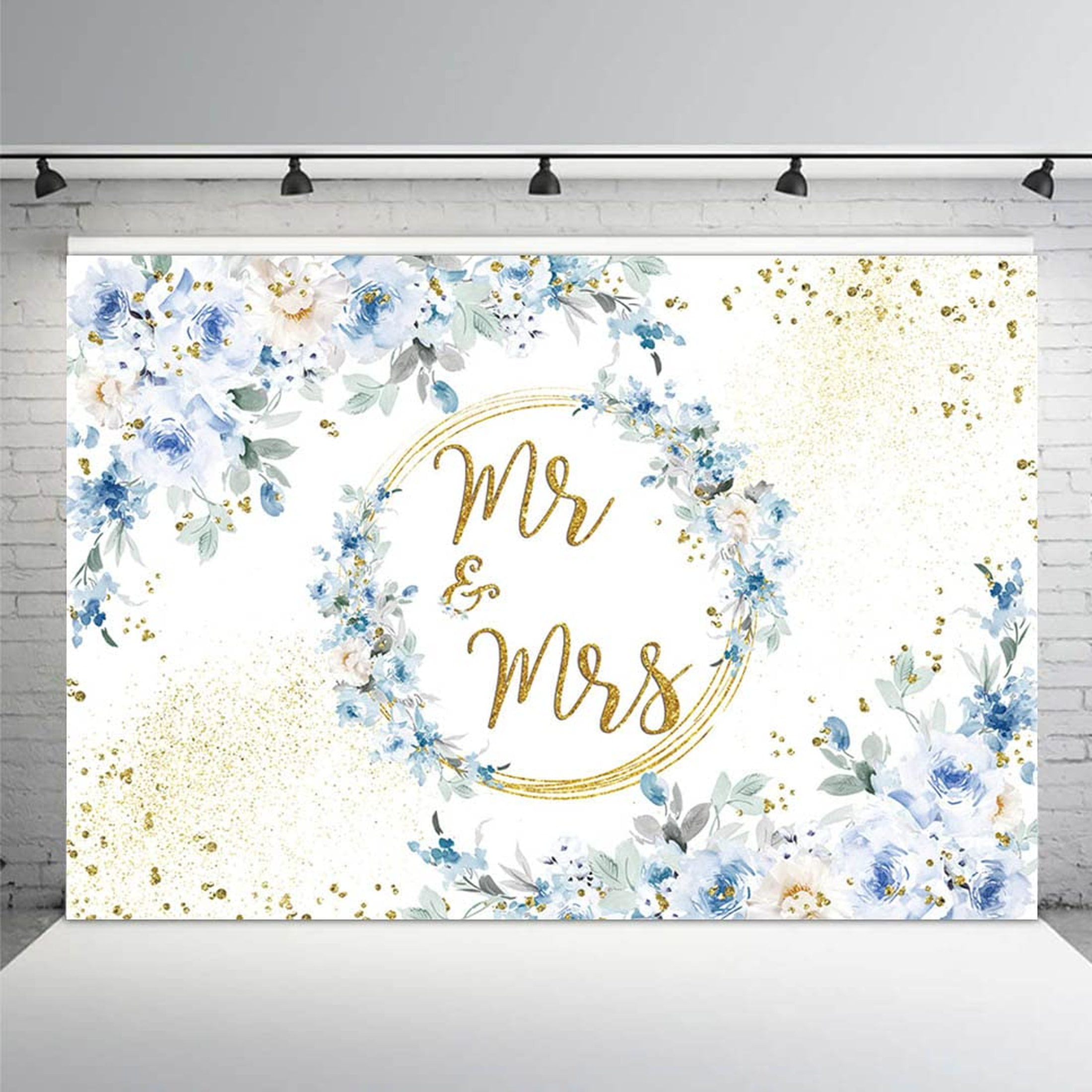Blue Floral Engagement Backdrop for Couples Wedding Decor, Glitter ...