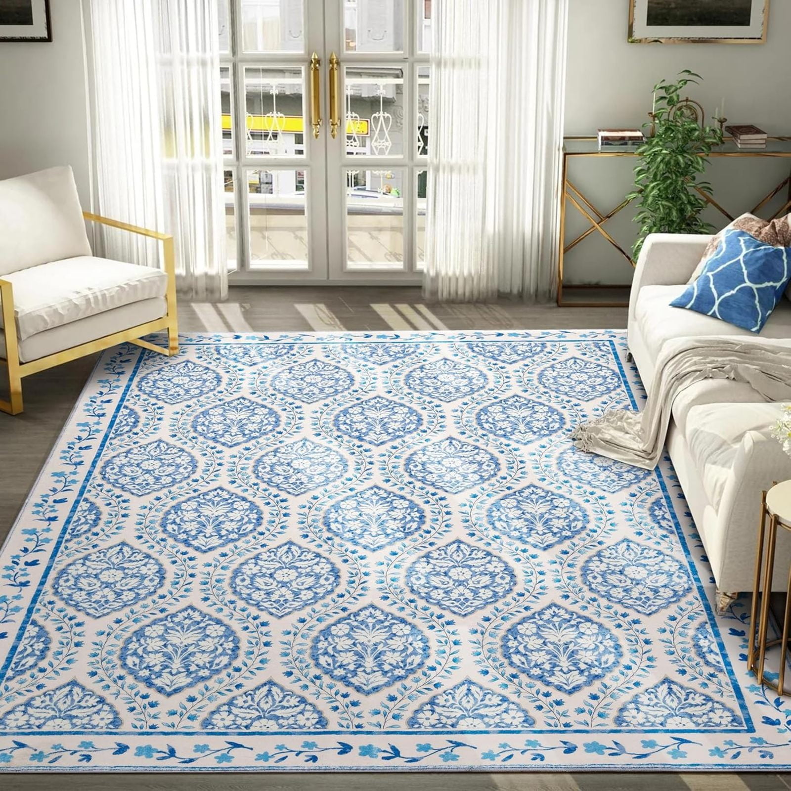 Blue Floral Entryway Rug Washable, Vintage Oriental Distressed Damask ...