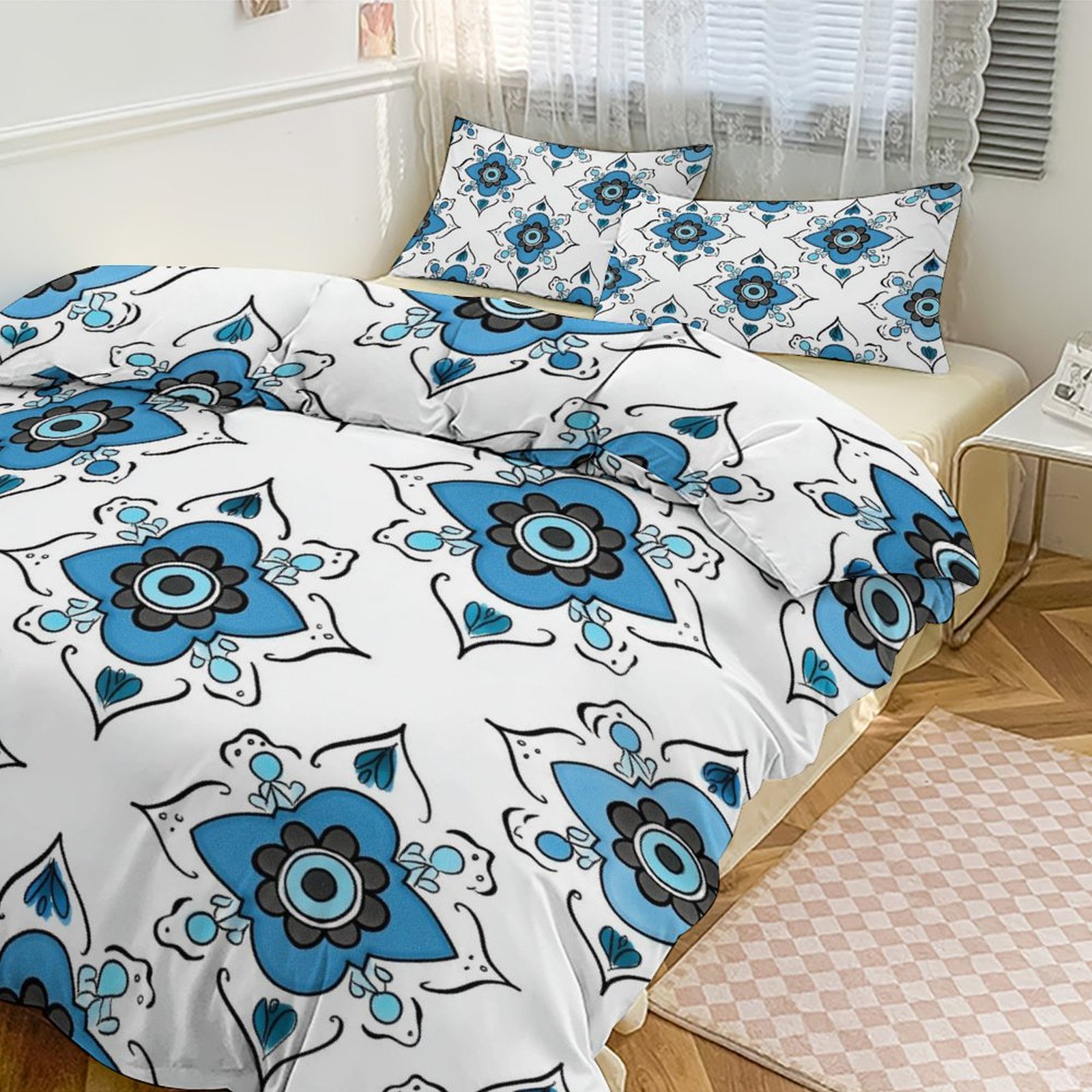 Blue Floral Eye Pattern Seamless Design Bedding Set with Zipper Closure ...