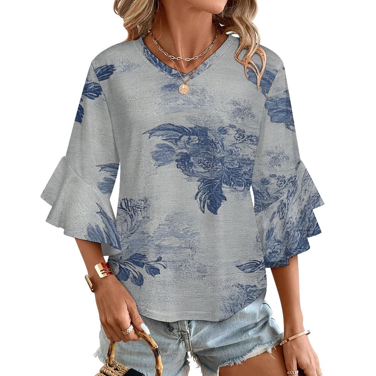 Blue Floral Fabric Design Print Women's V-Neck Blouse With 3/4 Ruffled ...