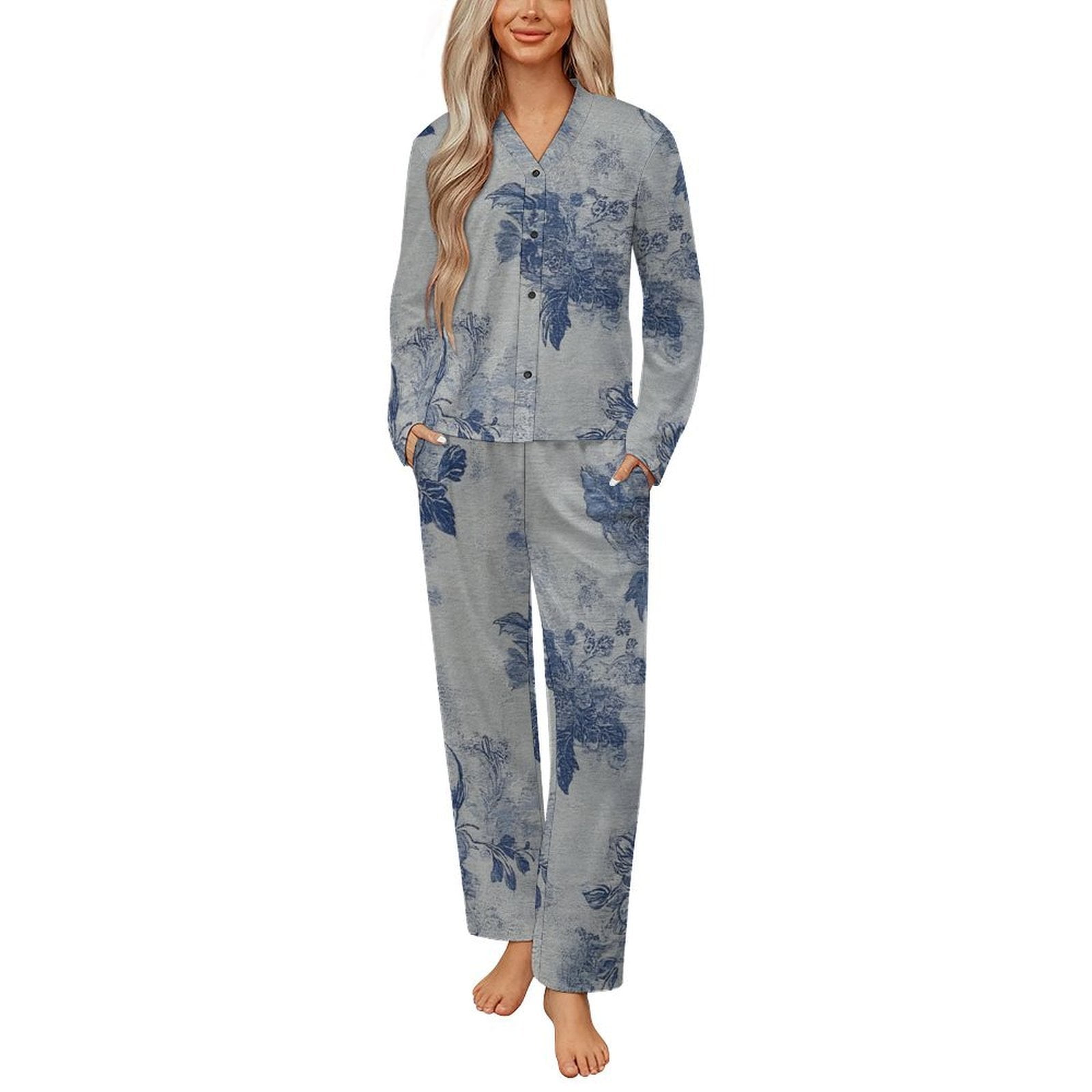 Blue Floral Fabric Design Print Womens Pyjamas Set Button Up Pyjamas ...