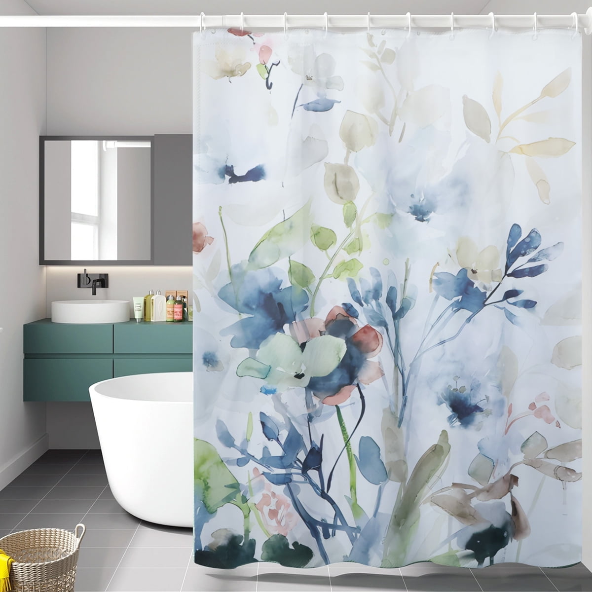 Blue Floral Fabric Shower Curtain, Watercolor Botanical Patterned with ...