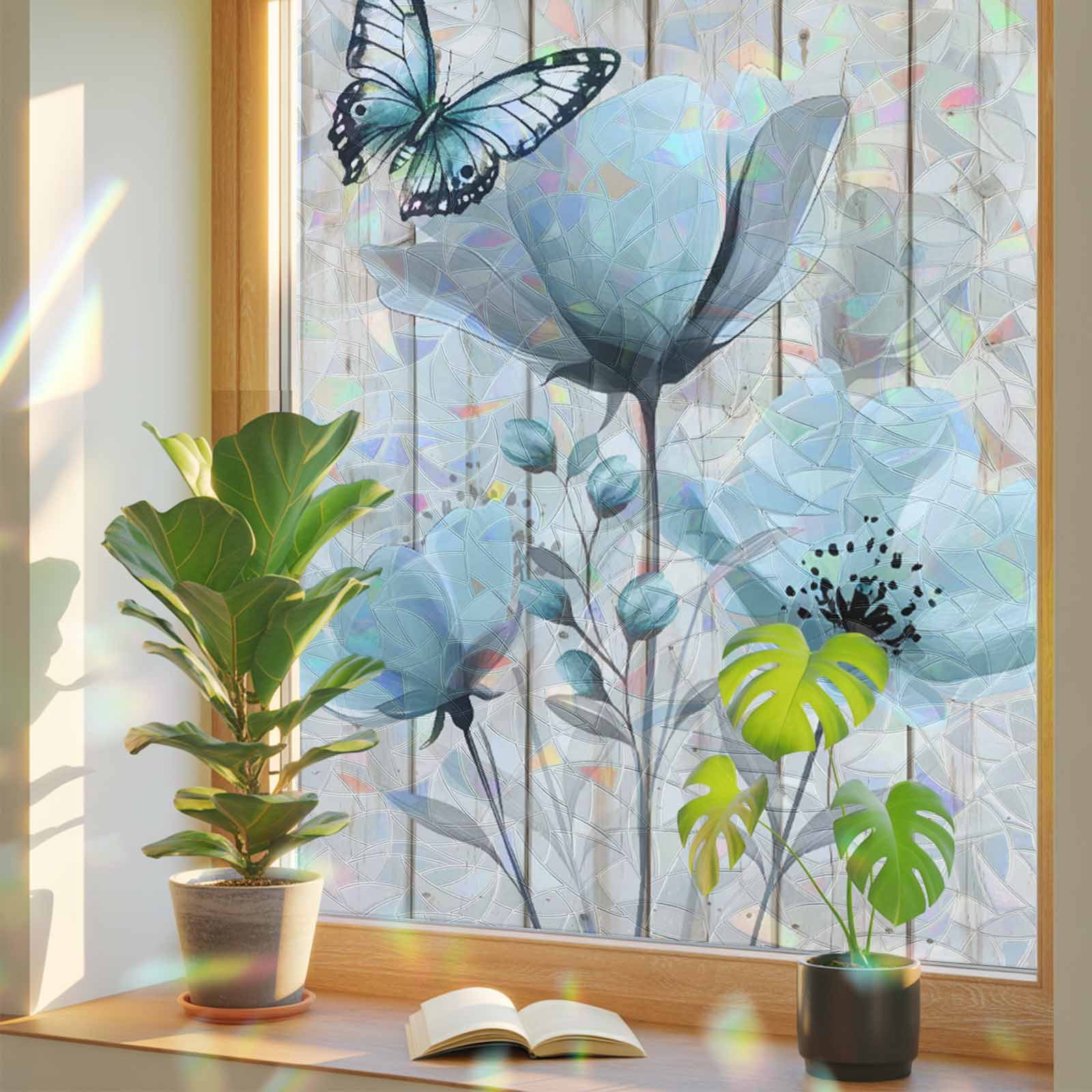 Blue Floral Farm Wood Grain Window Privacy Film, Rainbow Film ...