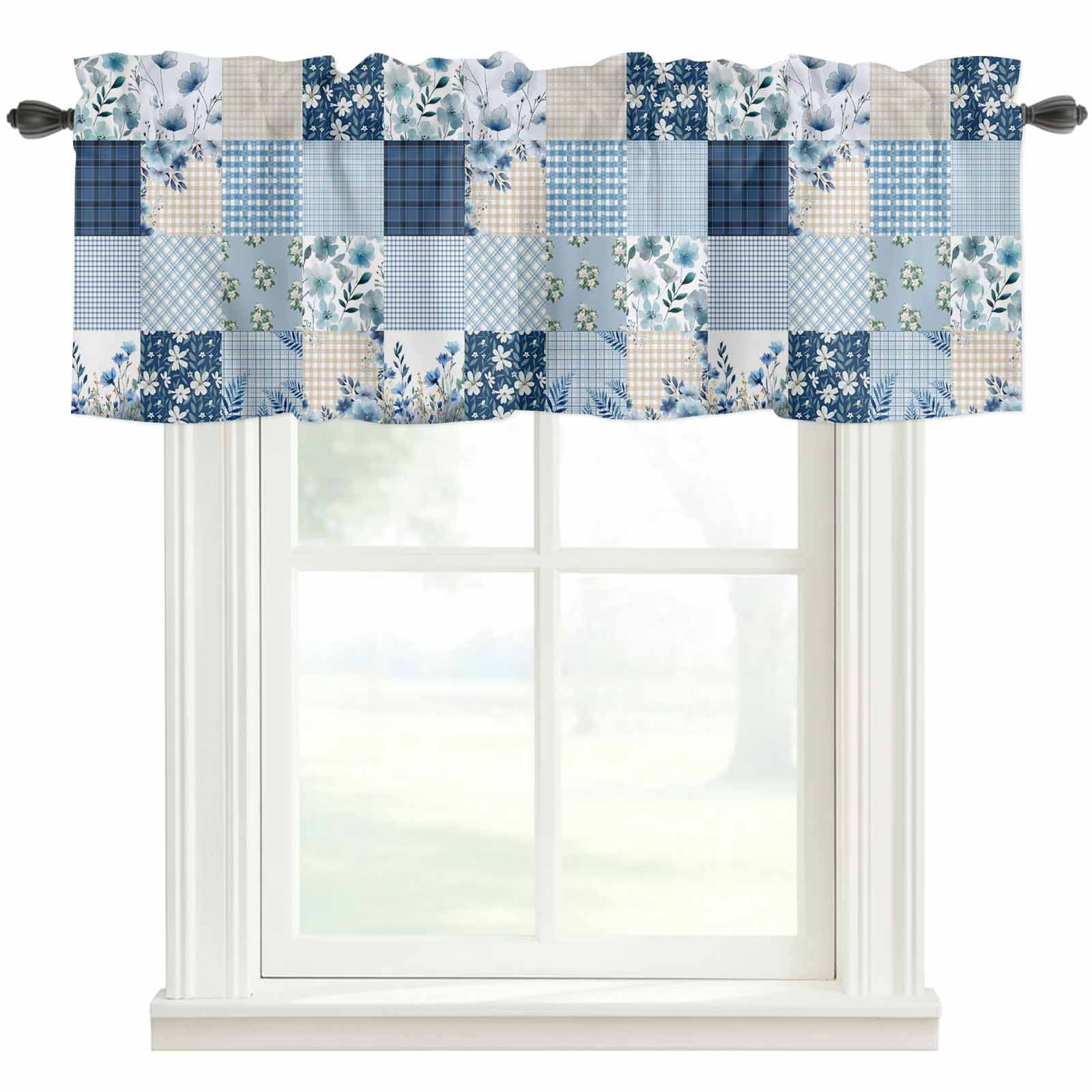 Blue Floral Farmhouse Short Window Curtain Valances, Spring Flowers ...