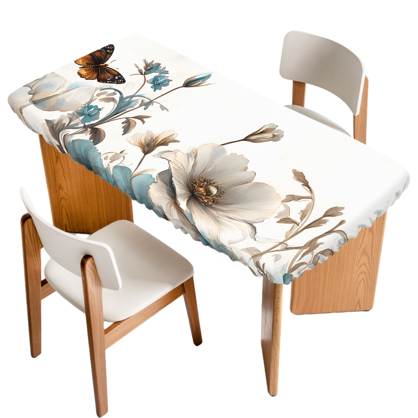 Blue Floral Fitted Rectangle Tablecloth 24" x 50" Butterfly Watercolor ...