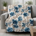 Blue Floral Fleece Throw Blanket Vintage Flower Botanical Brown Leaves ...