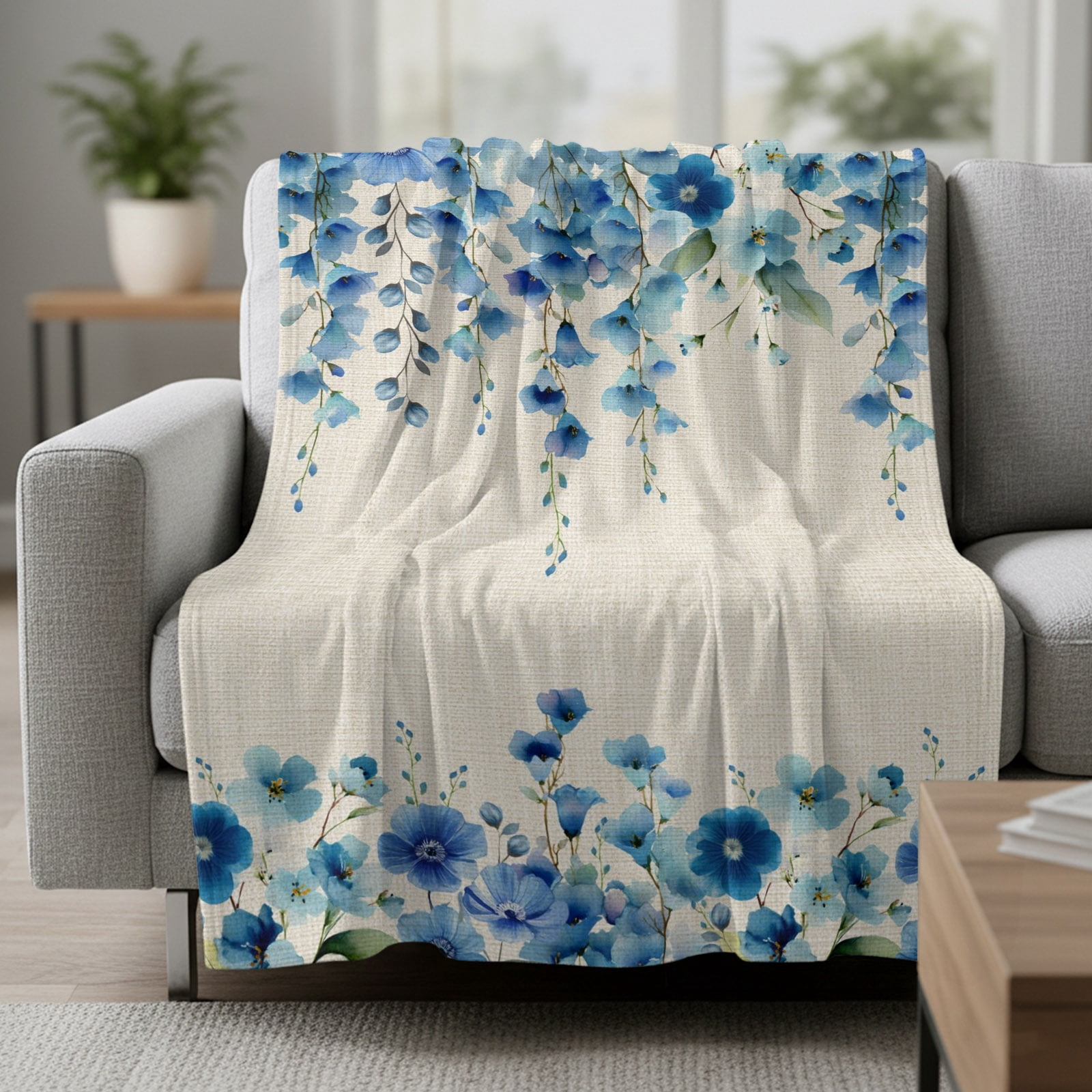 Blue Floral Fleece Throw Blanket Watercolor Spring Gradient Blue ...