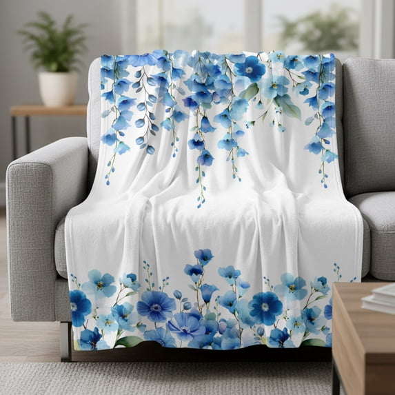Blue Floral Fleece Throw Blanket Watercolor Spring Gradient Falling ...