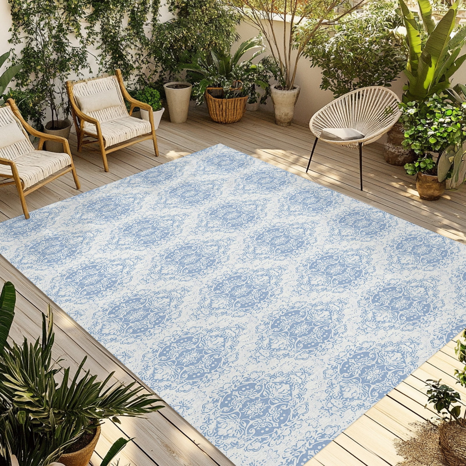 Blue Floral Flower Outdoor Rug, Ethnic Middle East Non-Slip Area Rugs ...