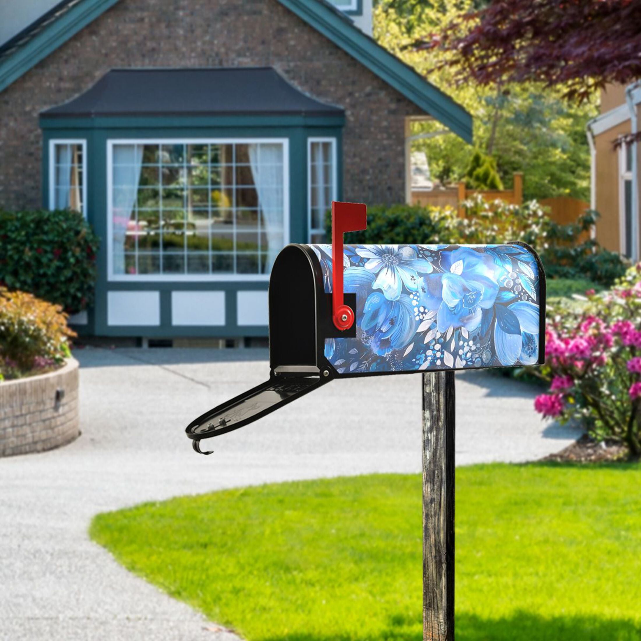 Blue Floral Flowers Mailbox Cover Magnetic Standard Size Post Box Cover ...
