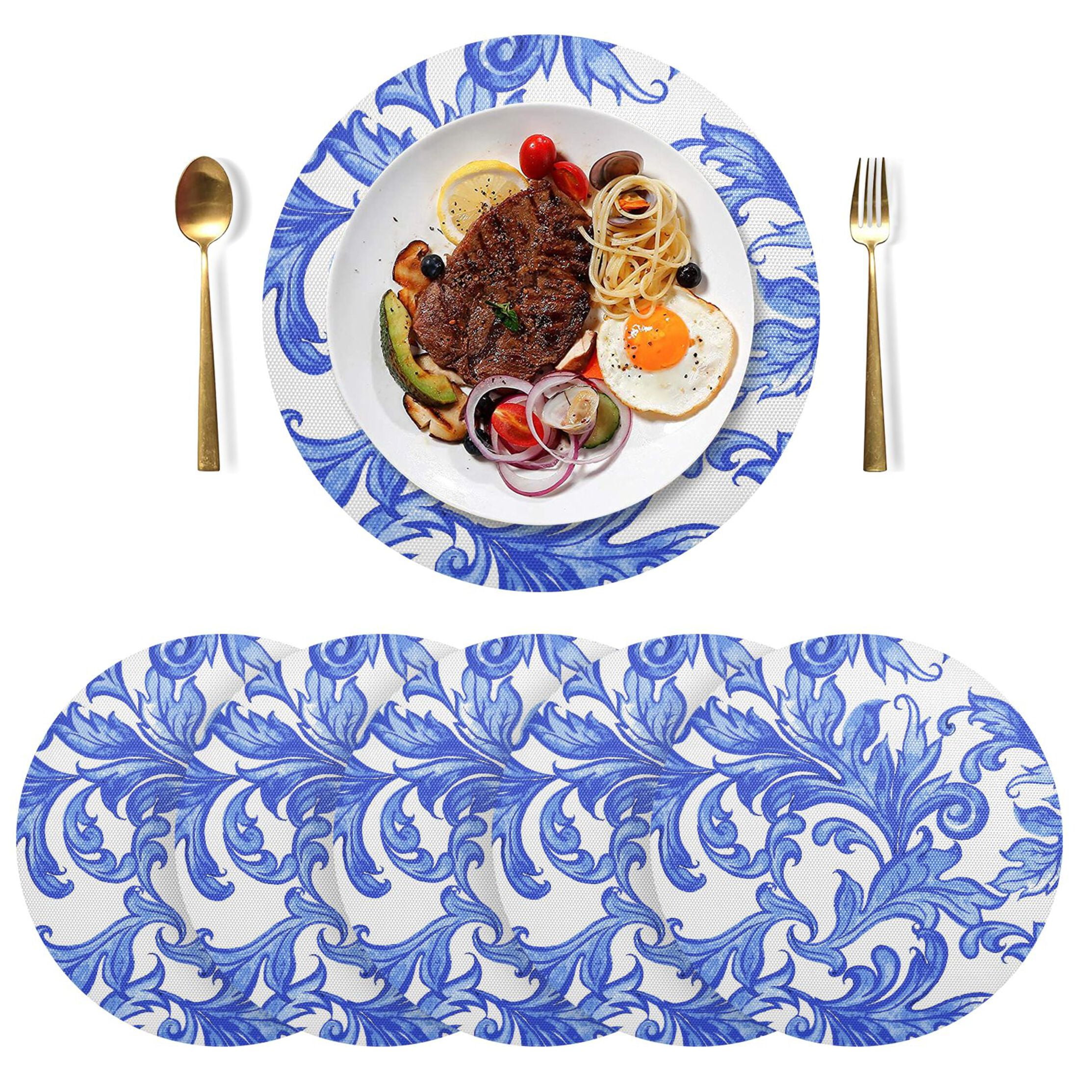 Blue Floral Flowers Round Plate Mats Non-Slip Place Mat Washable PVC ...