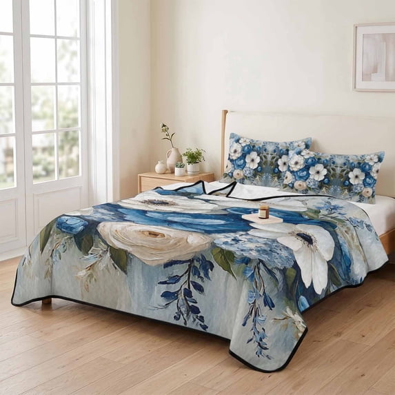 Blue Floral Foliage Leaf 3 Pieces Quilt Set,1 Quilt with 2 Shams ...