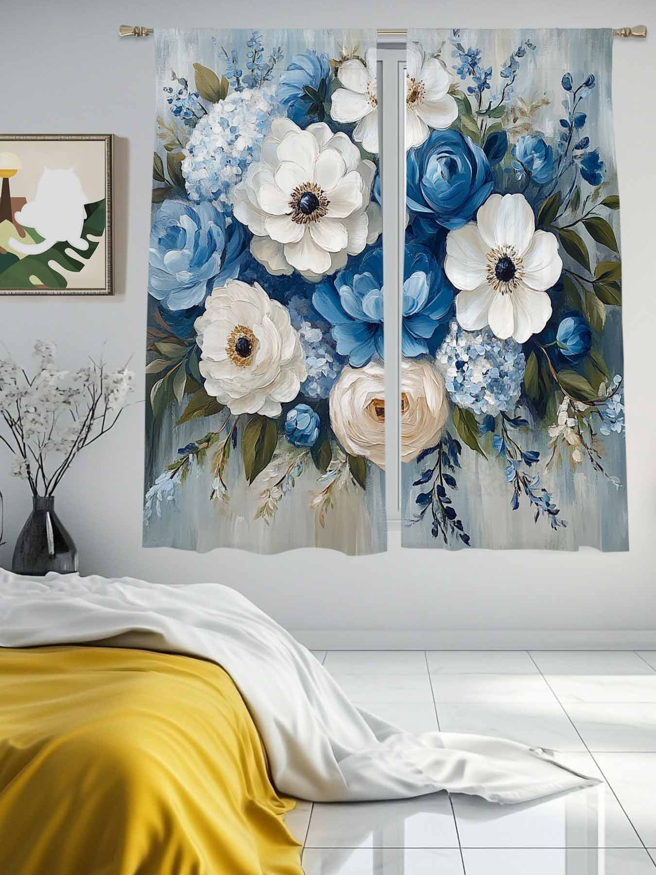 Blue Floral Foliage Leaf Chiffon Sheer Curtains 63 Inches Long ...