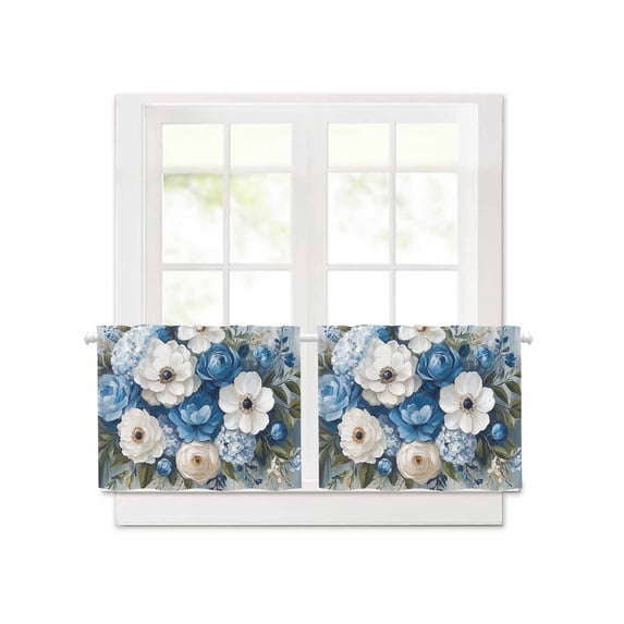 Blue Floral Foliage Leaf Short Blackout Curtains 24 Inch Long ...