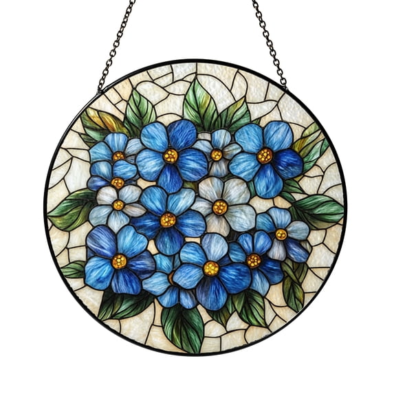 Blue Floral Forget Me Not Window Suncatcher, Round Stained Glass Style ...