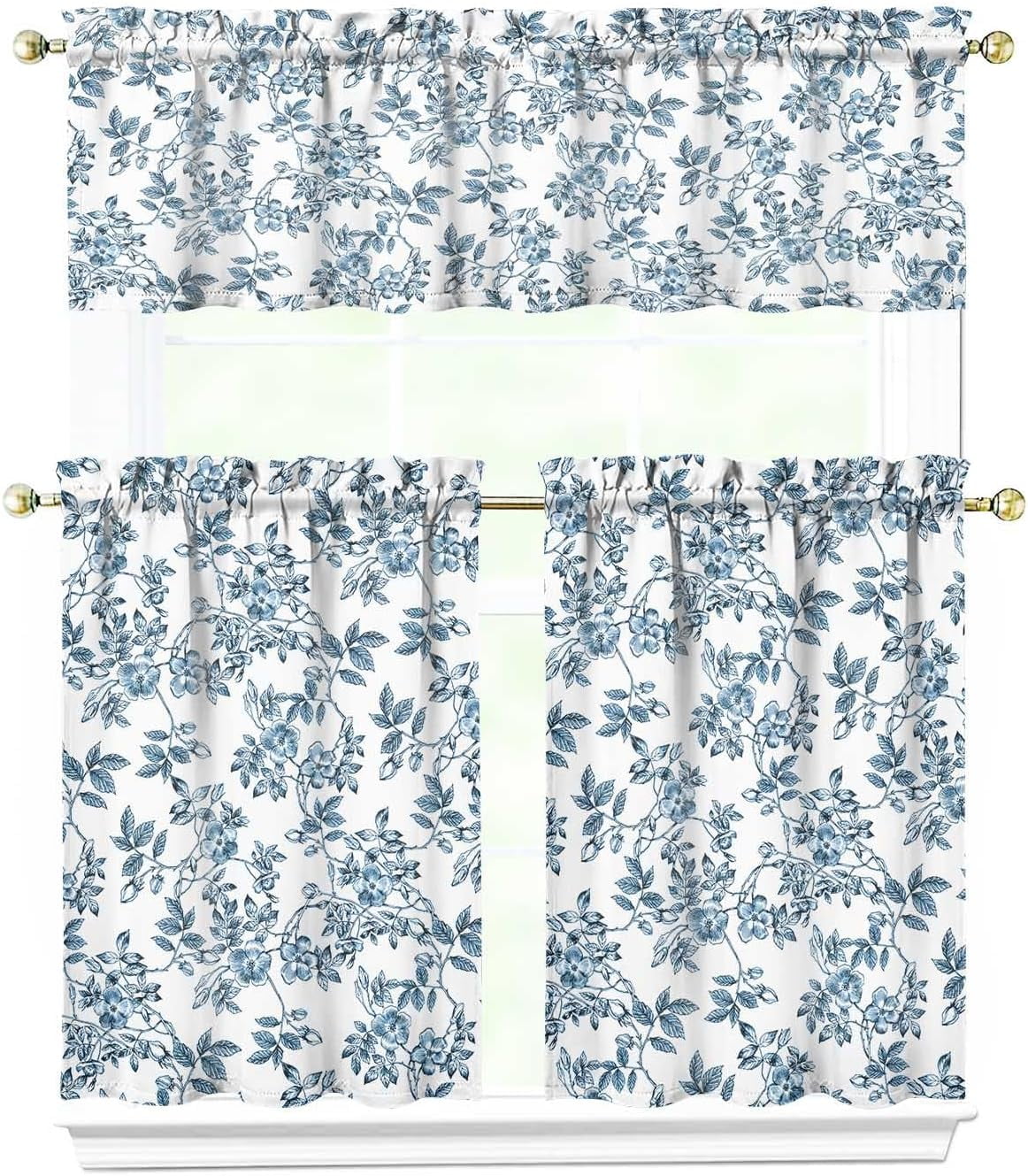 Blue Floral French Farmhouse Kitchen Curtains 24 Inch Length，Durable ...