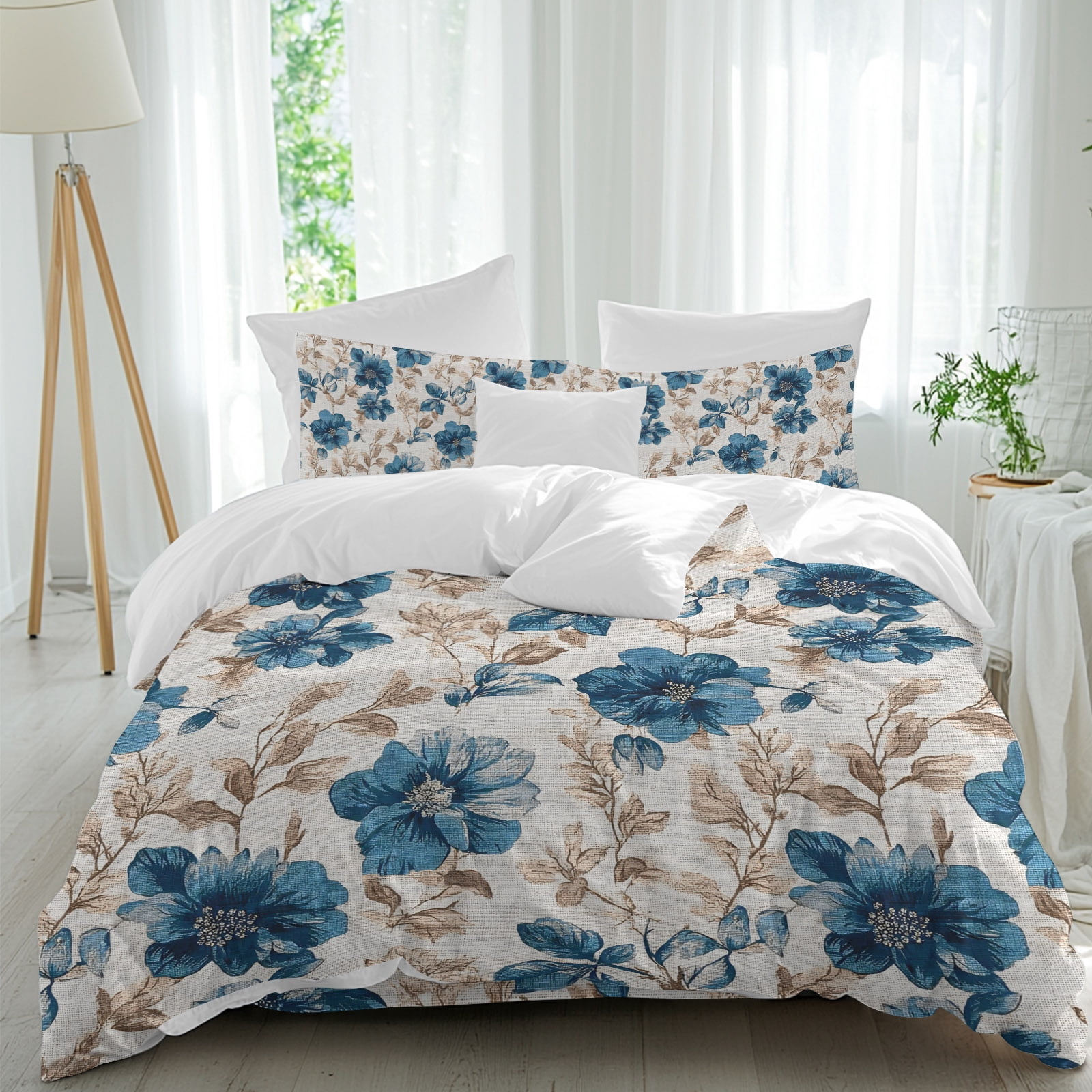 Blue Floral Full Duvet Cover Set, Vintage Flower Botanical Brown Leaves ...