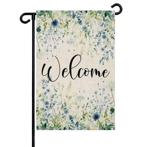 Blue Floral Garden Flag 12x18 Inch Flowers Welcome Leaf Linen Double ...