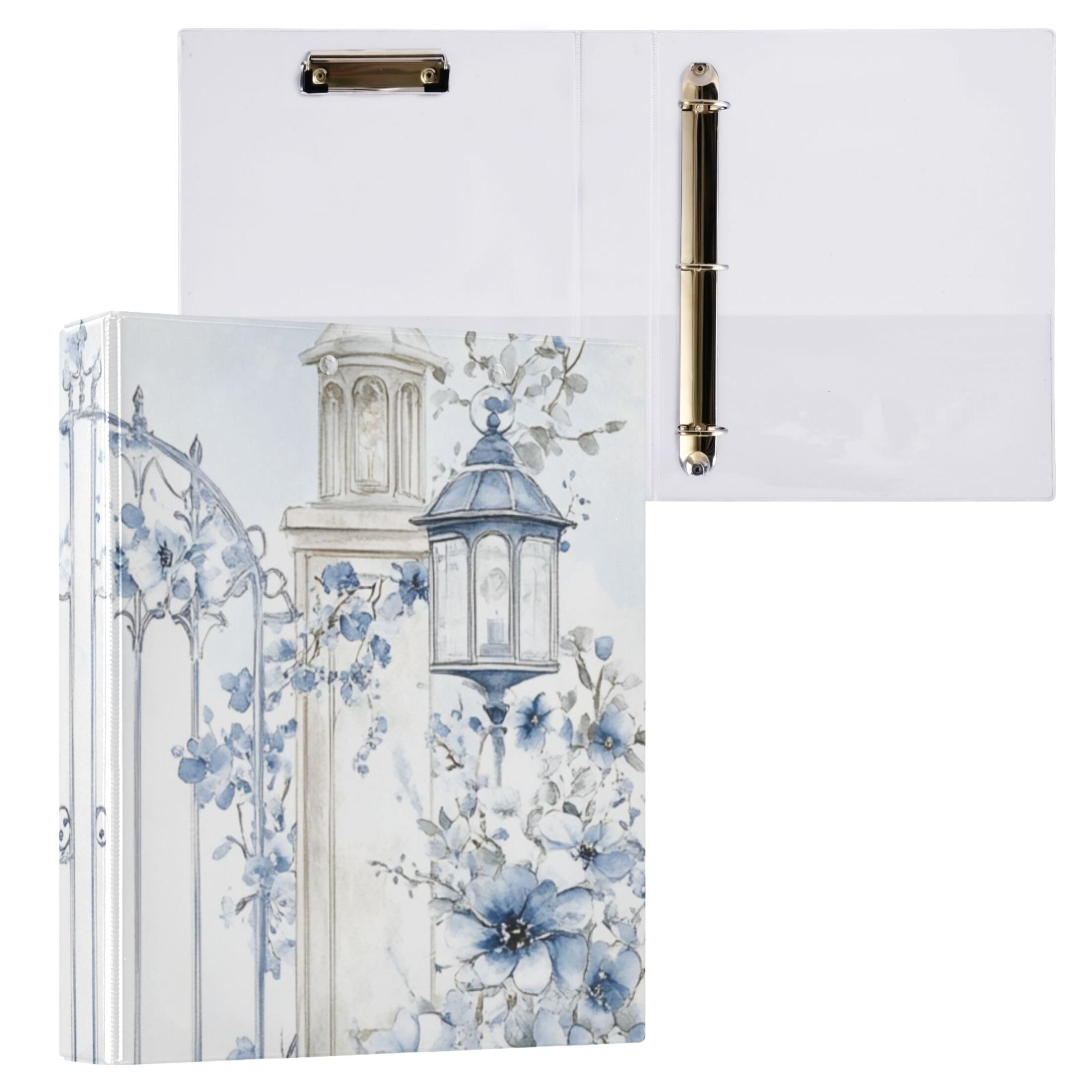 Blue Floral Gate Flowers Birds 3 Ring Binders 1.5 inch Hardcover File ...