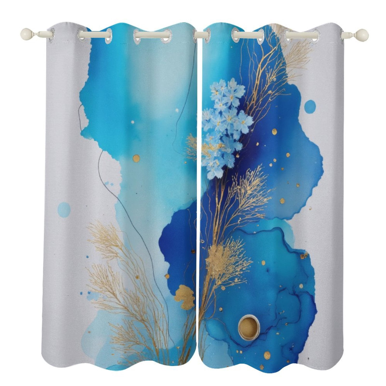 Blue Floral Gold Accents Art 2 Panels Curtains for Bedroom Living Room ...