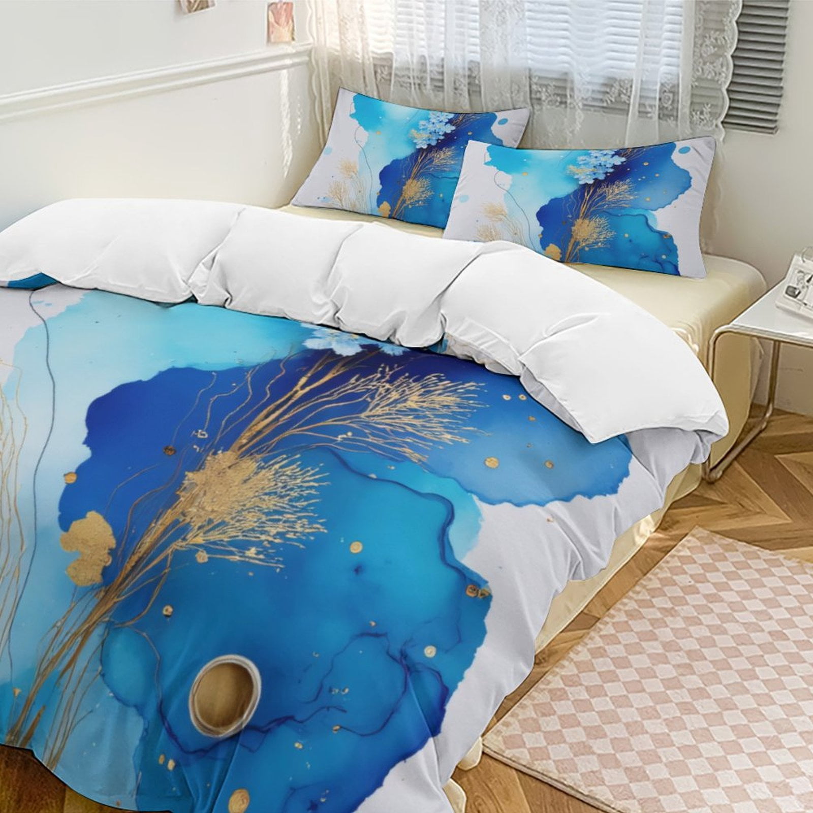Blue Floral Gold Accents Art 3D Duvet Cover Set Quilt Cover Theme of ...