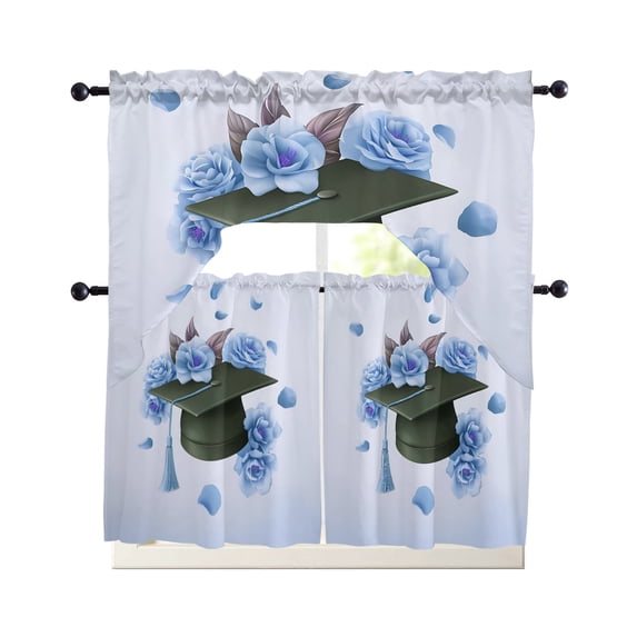 Blue Floral Graduation Cap Kitchen Curtains Set for Windows 3 Piece ...