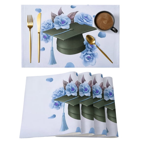 Blue Floral Graduation Cap Placemats Set of 2 Modern Falling Petals ...
