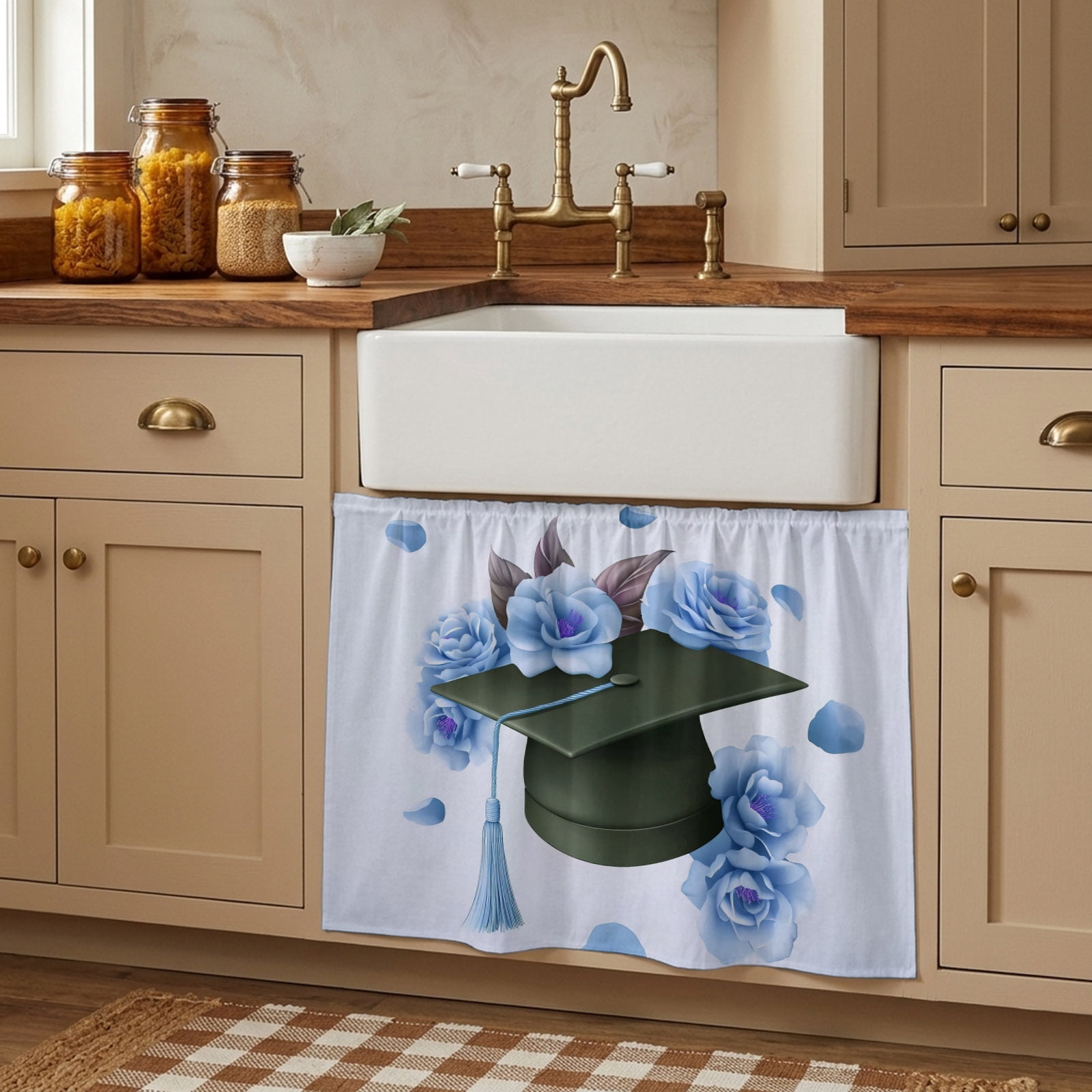 Blue Floral Graduation Cap Small Cabinet Curtains 10"W x 11"L, Modern ...