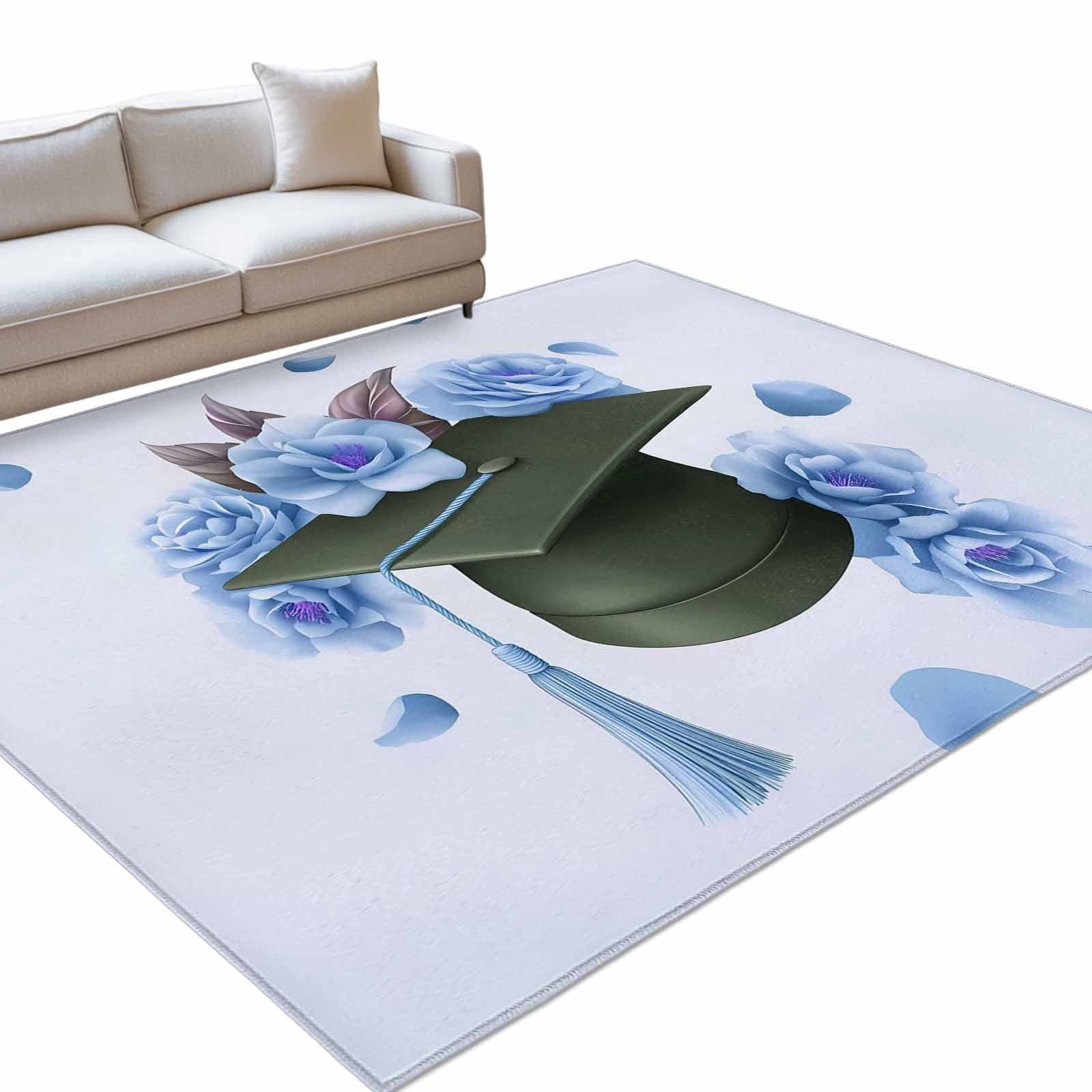 Blue Floral Graduation Cap Washable Rug 4x6 Area Rug for Living Room ...