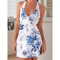 Blue Floral Halter Cowl Neck Mini Sundress Sleeveless Low Cut Slim Fit ...