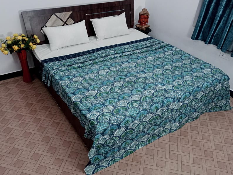 Blue Floral Hand Block Print Kantha Quilt, Indian Cotton Bedding ...